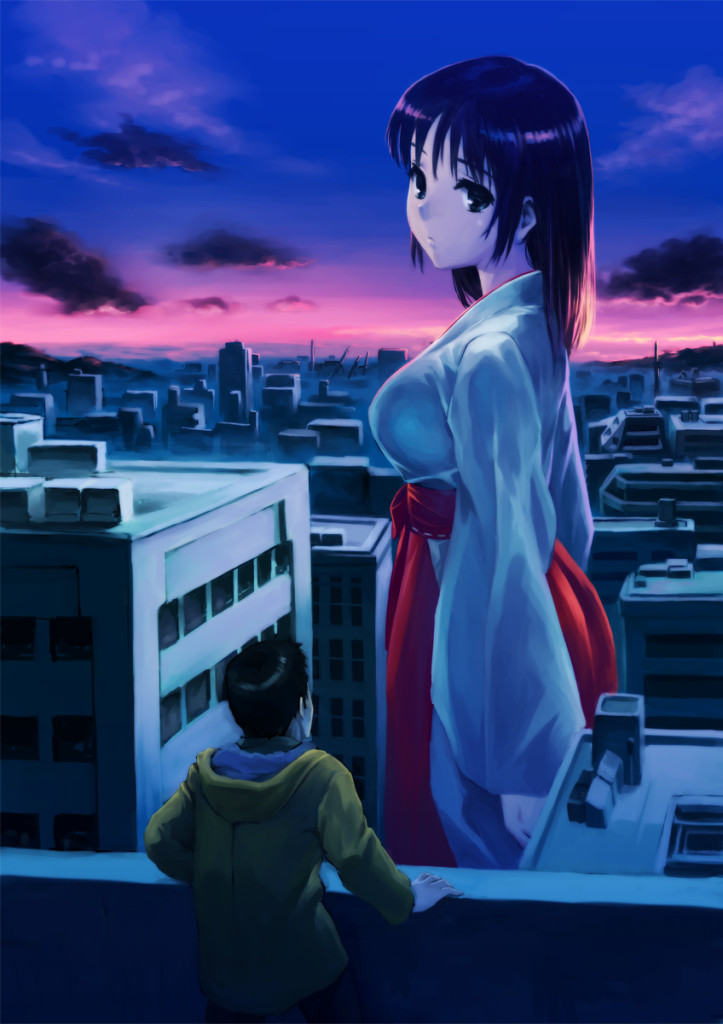 154805 Anime Buildings City Clothed Color Drawing Giantess Miko